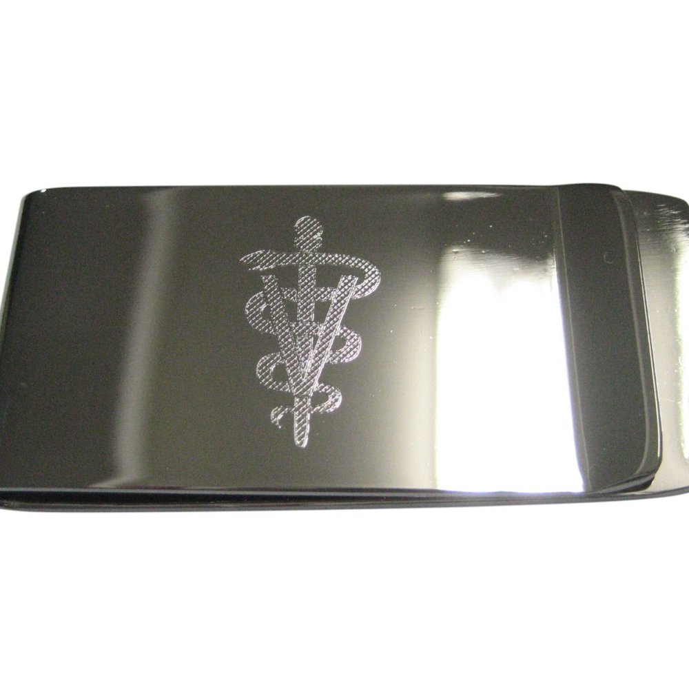 Etched Sleek Veterinary Caduceus Symbol Money Clip - Gem